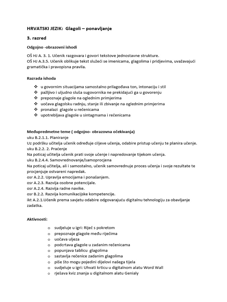 Glagoli - Ponavljanje | PDF