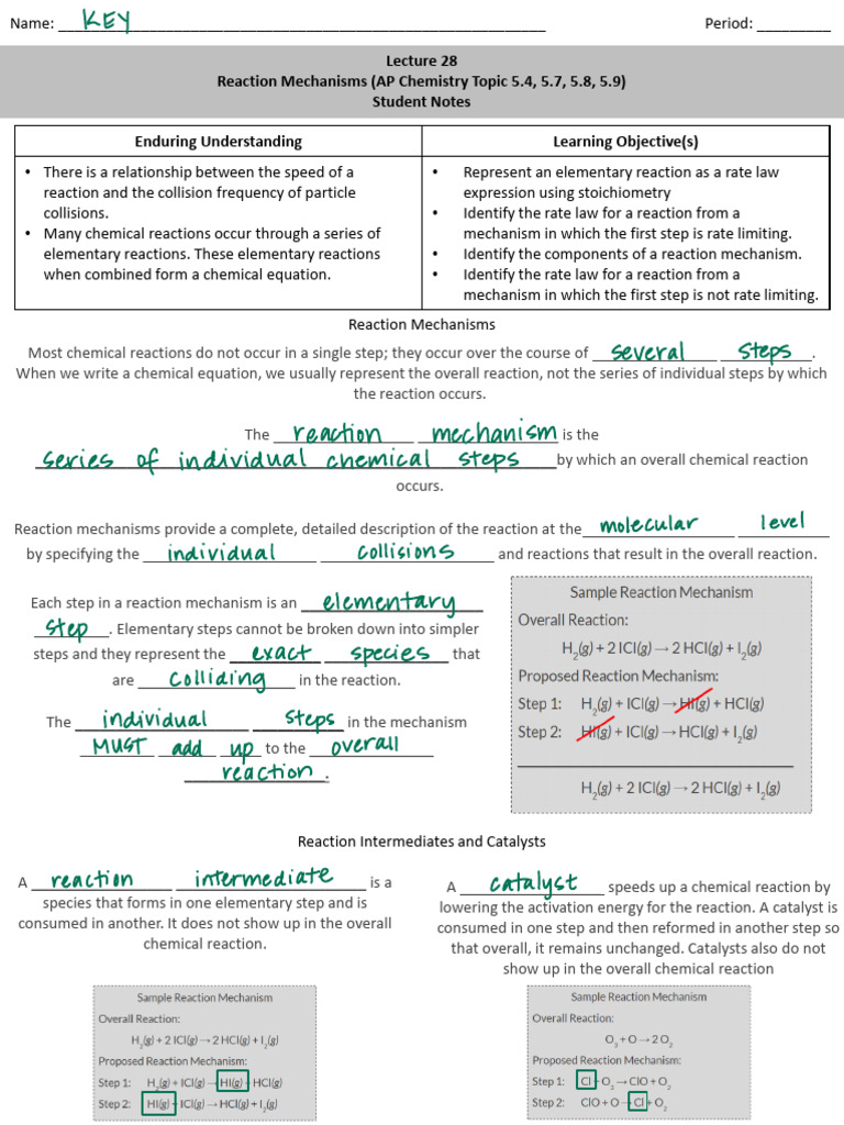 KEY Student Notes Lecture 28 Reaction Mechanisms | PDF | Reaction Rate ...