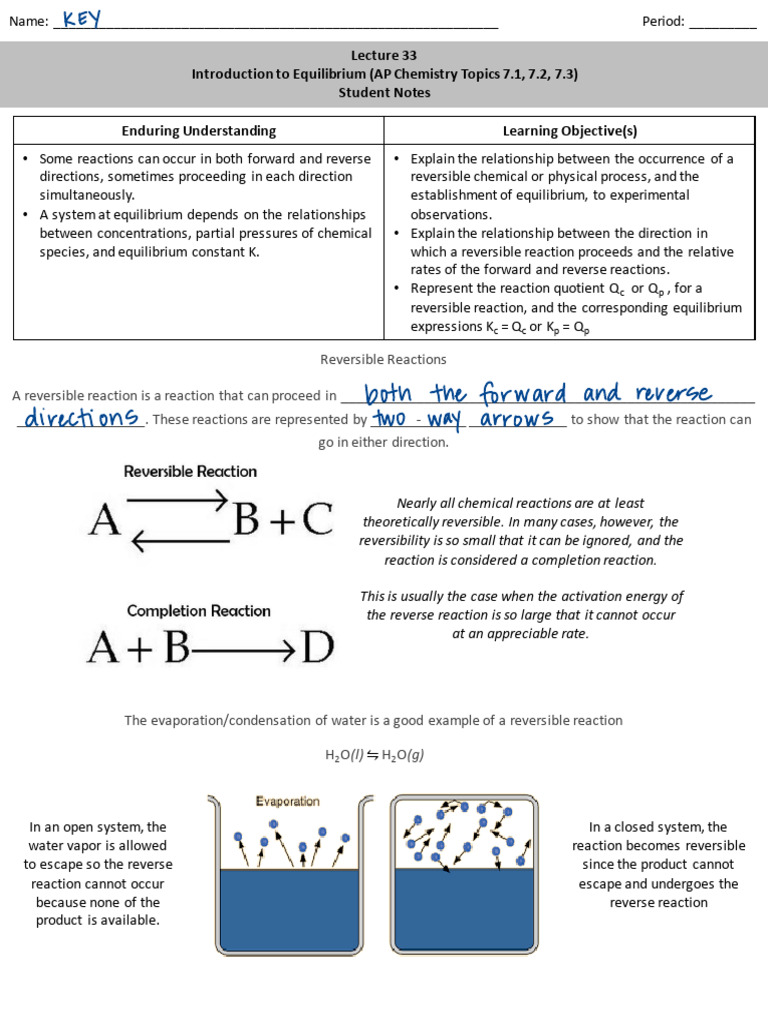 KEY Student Notes Lecture 33 Introduction To Equilibrium | PDF ...