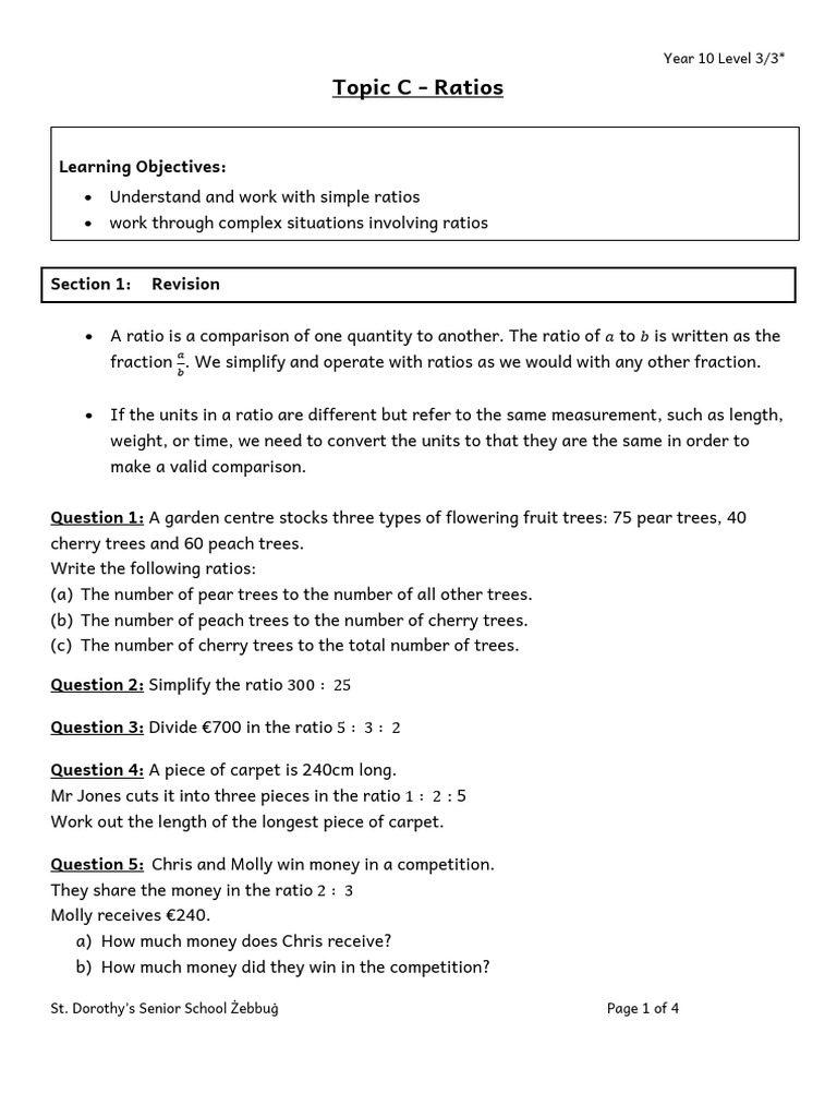 Topic C Ratios | PDF | Ratio | Mathematics