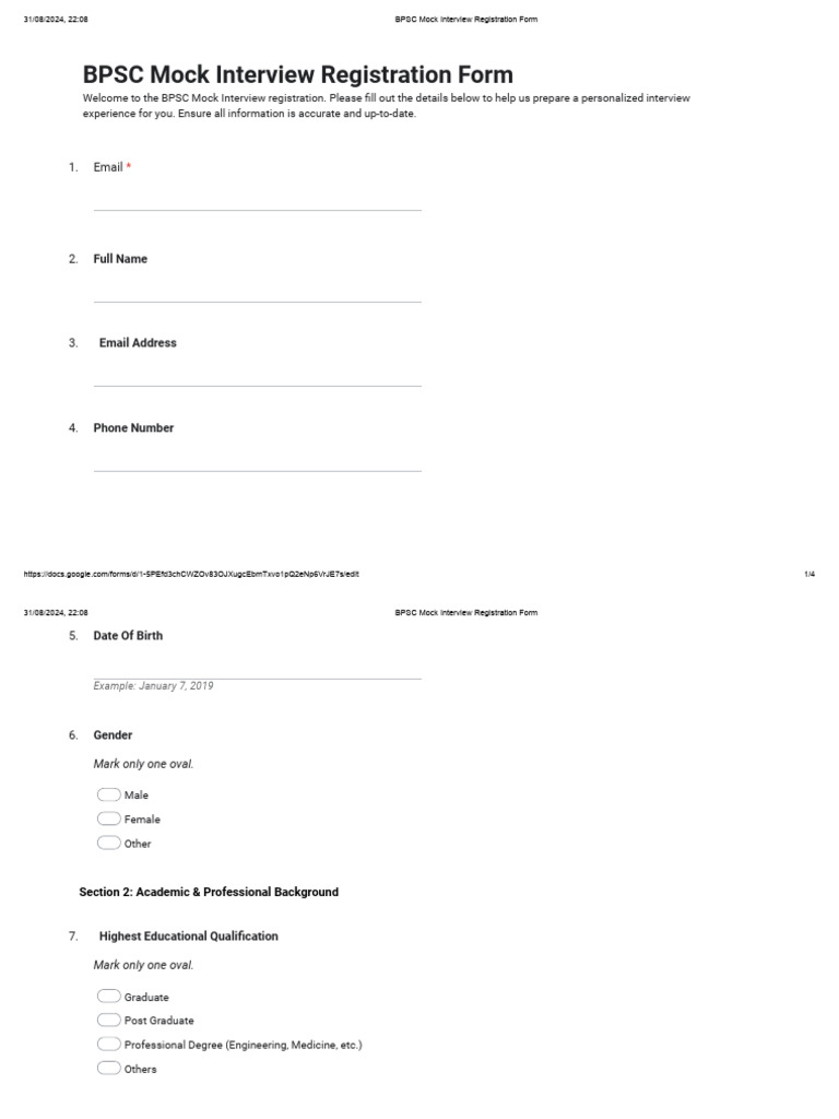 BPSC Mock Interview Registration Form - Google Forms | PDF