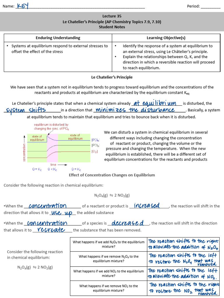 KEY Student Notes Lecture 35 Le Chatelier's Principle | PDF | Chemical ...