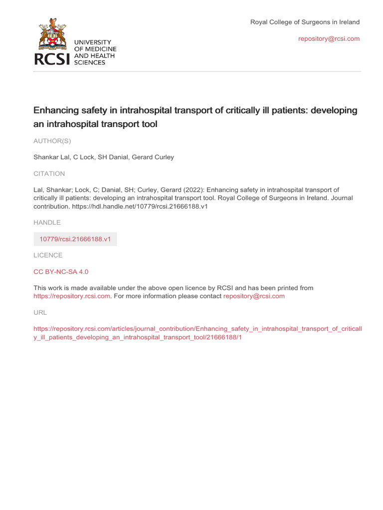 Enhancing Safety in Intrahospital Transport of Critically Ill Patients ...