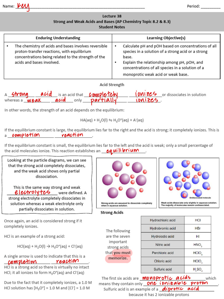 KEY Student Notes Lecture 38 Strong and Weak Acids and Bases | PDF ...