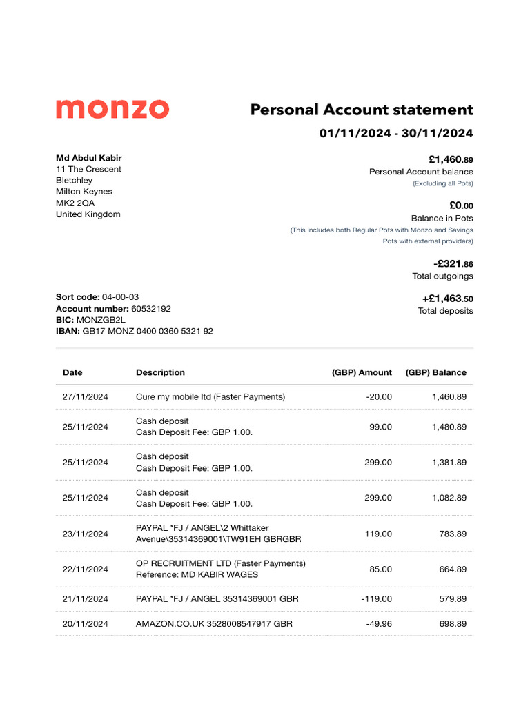 Monzo - Bank - Statement - 2024 11 01 2024 11 30 - 9688 | PDF | Banking ...