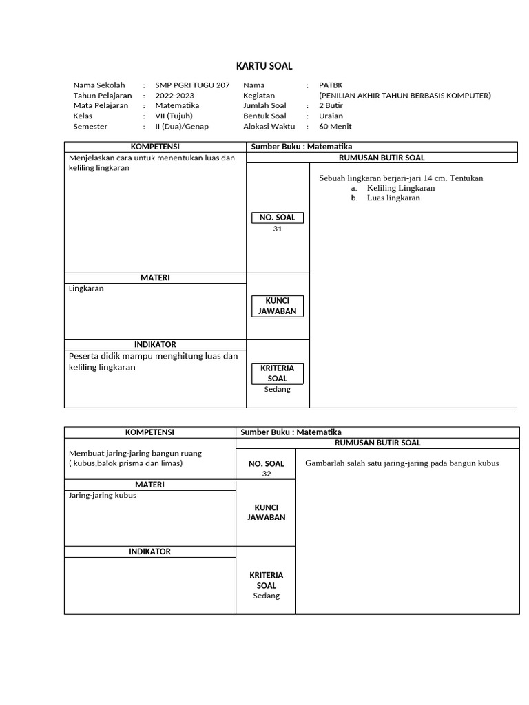 Kartu Soal Uraian | PDF