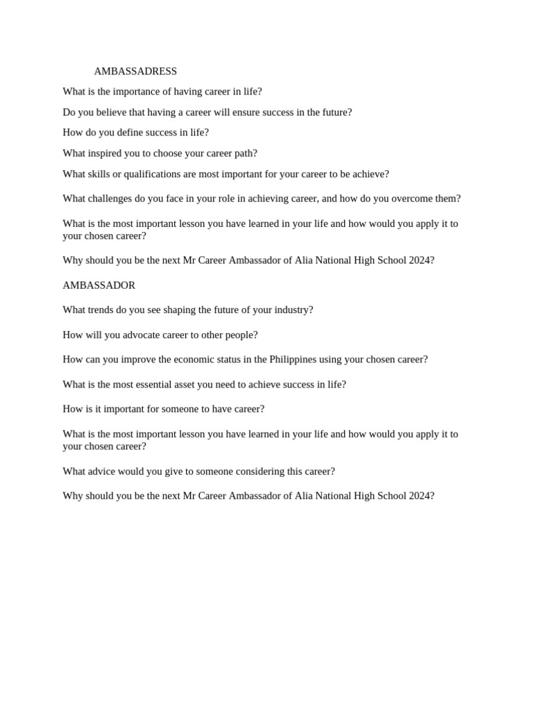 MR and Ms Career Ambassador and Ambassadress 2024 QandA | PDF