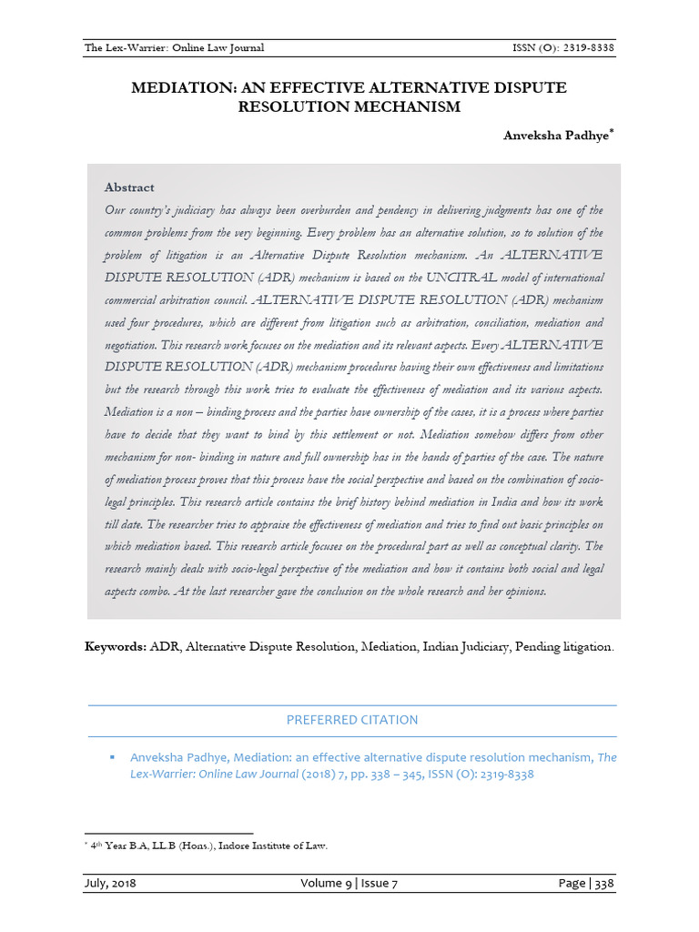 Mediation: An Effective Alternative Dispute Resolution Mechanism | PDF | Mediation | Alternative ...
