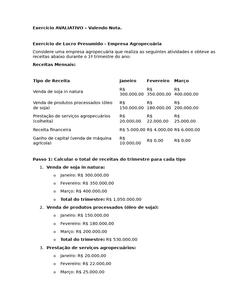 Exercício Avaliativo - Irpj e CSLL - Agro | PDF | Imposto de Renda | Setor privado