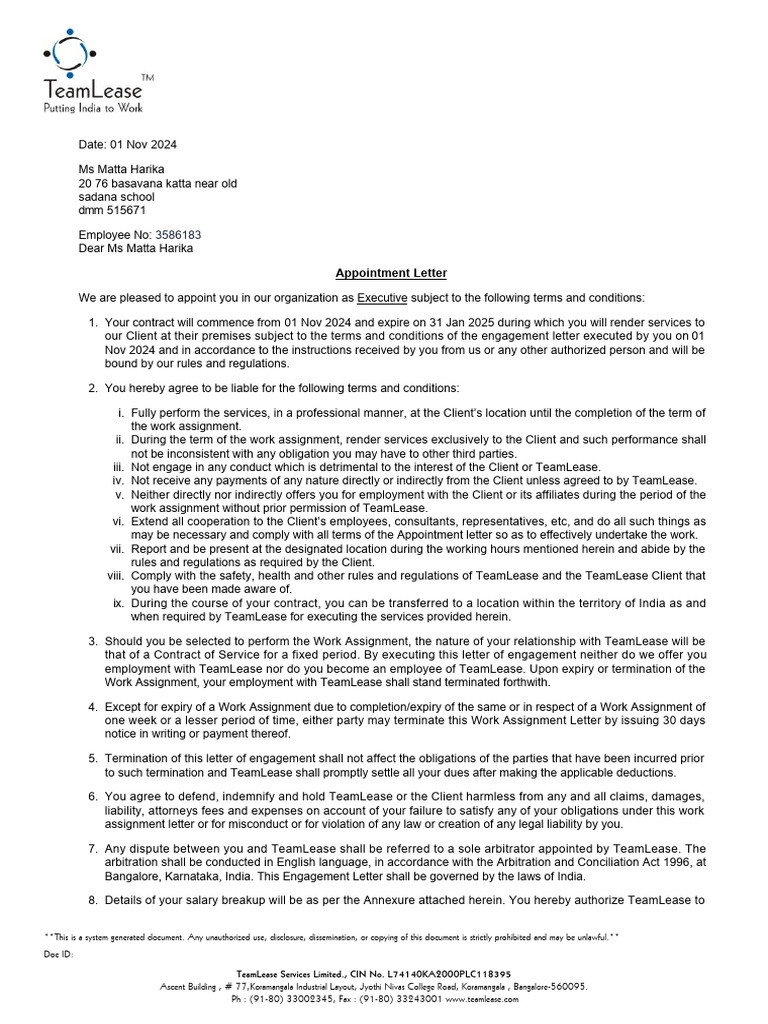 MattaHarika - 3586183 - OfferLetter - K69MB 2024 11 04 10 50 28 077 | PDF | Employment | Salary