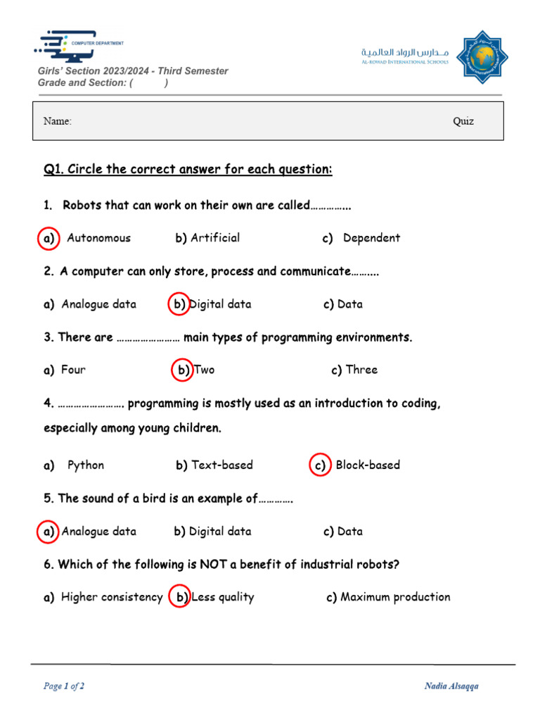Grade 6 Quiz 2 Wocksheet | PDF