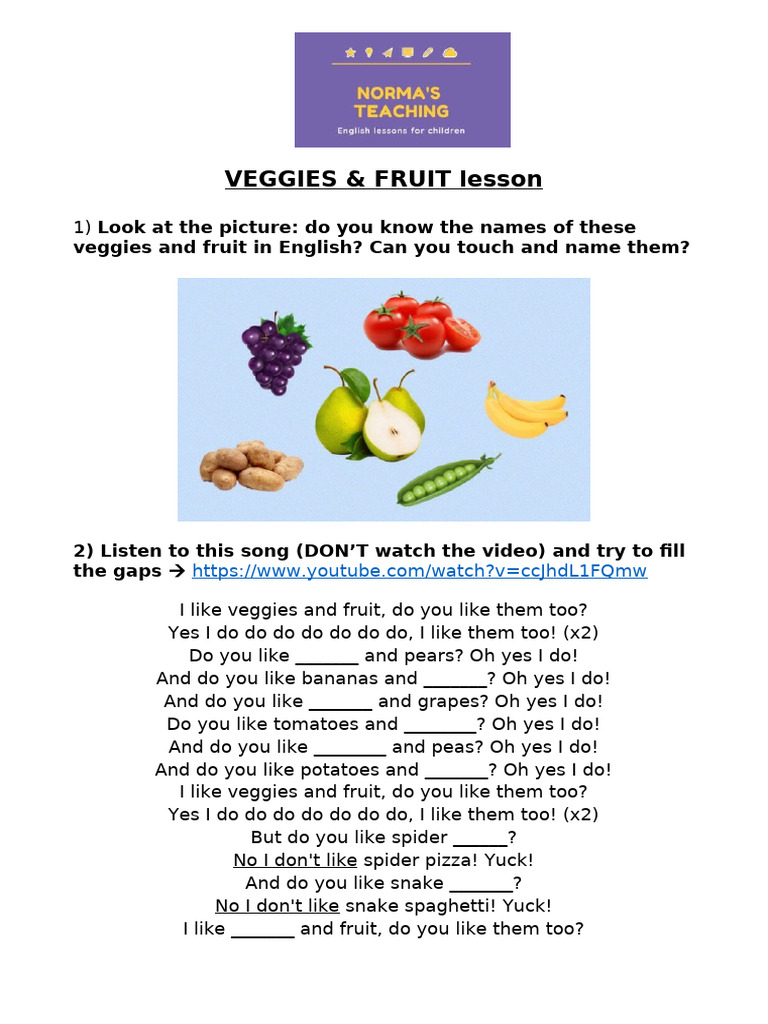 Fun English Lessons: Veggies, Body Parts, Routines | PDF | Fruit