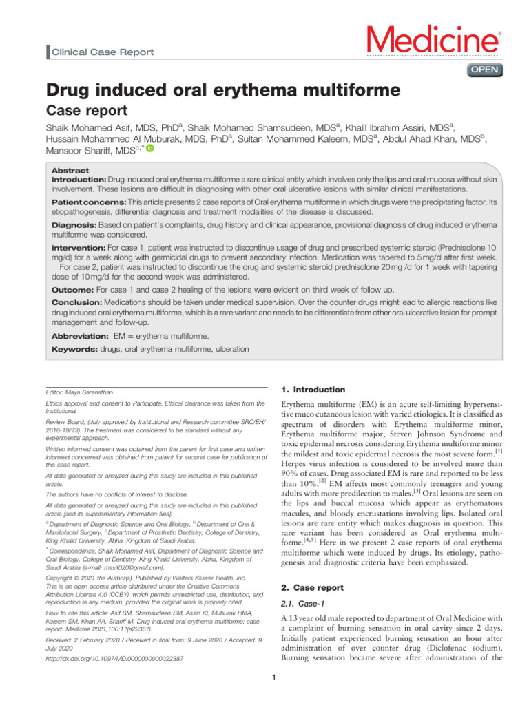 Drug Induced Oral Erythema Multiforme Case Report.1 | PDF | Medical Specialties | Clinical Medicine
