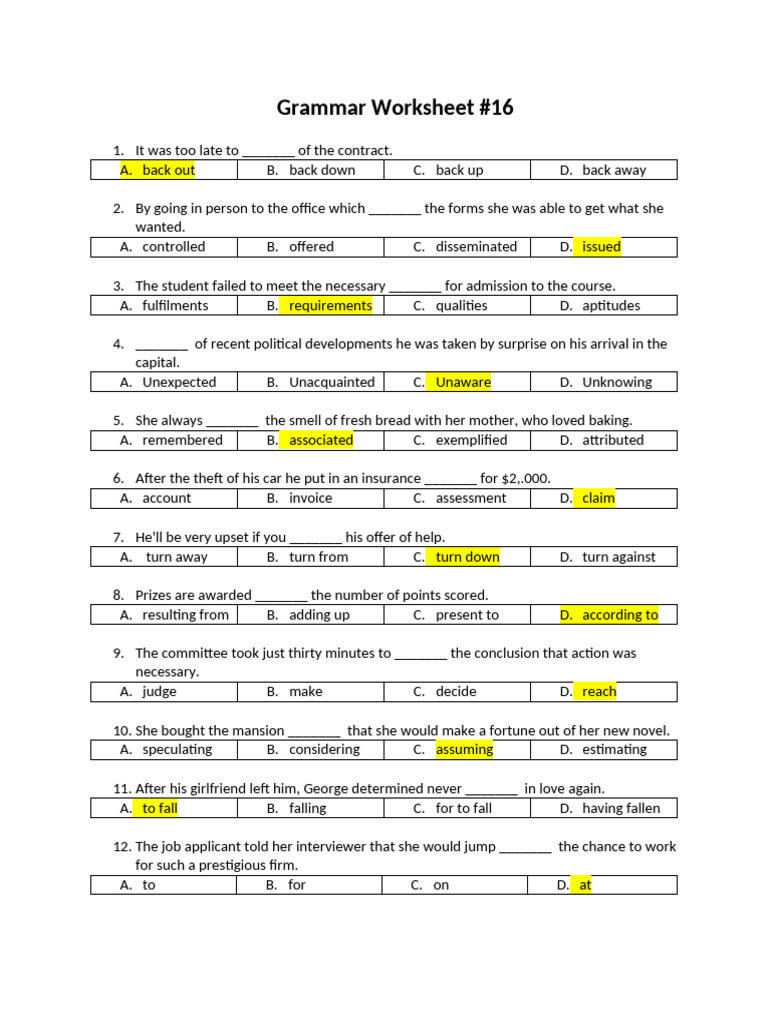 Grammar Worksheet Answers | PDF