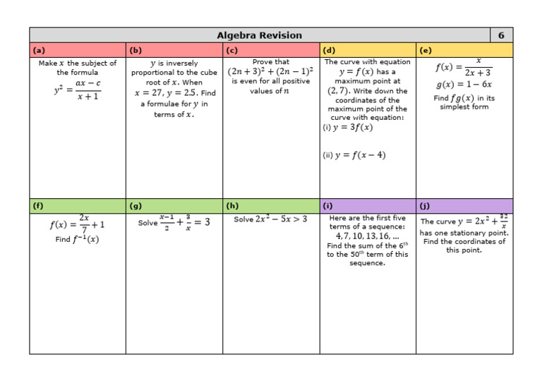 Algebra Revision Practice Grid 6 | PDF | Equations | Algebra
