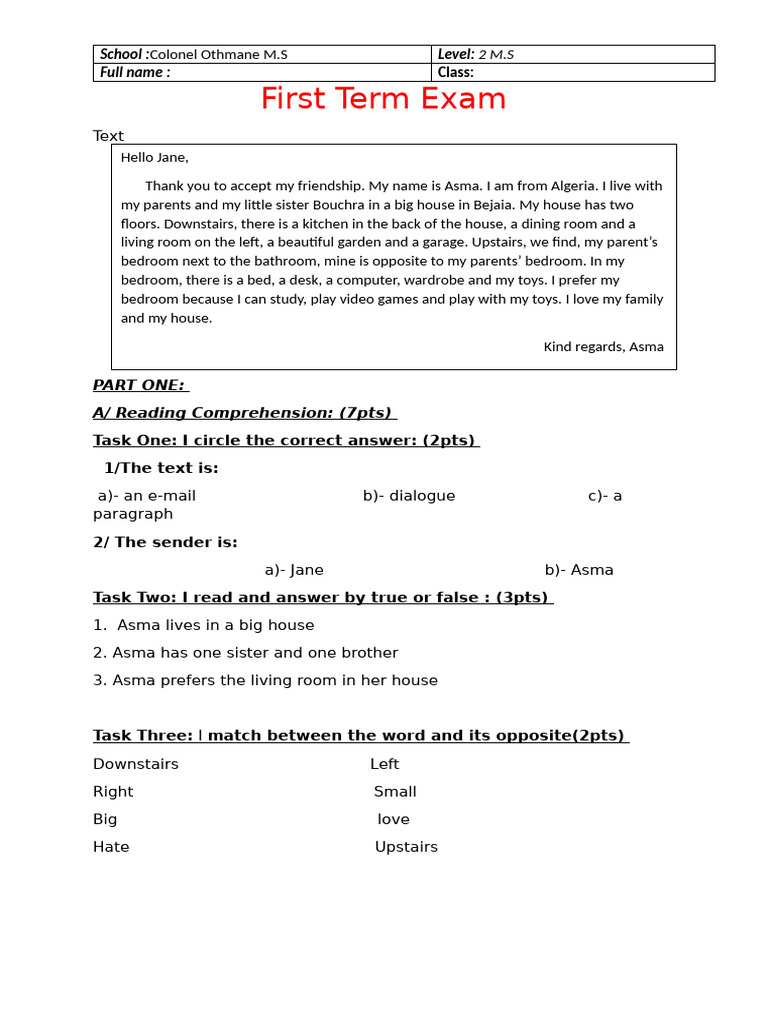 First Term Exam 2m.s | PDF | Home