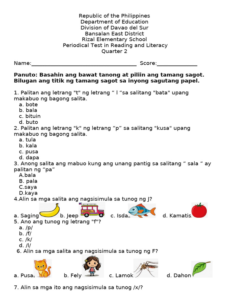PT GRADE 1 MATATAG READING and LITERACY 1 | PDF