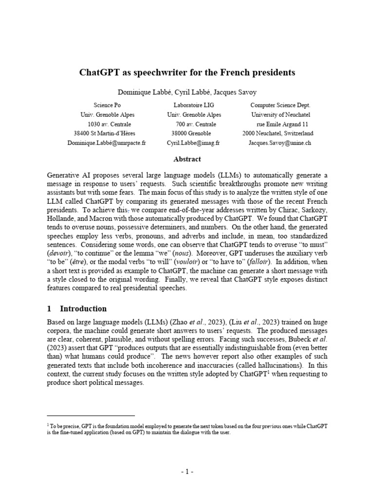 ChatGPT As Speechwriter For The French Presidents.18382v1 | PDF | Part ...
