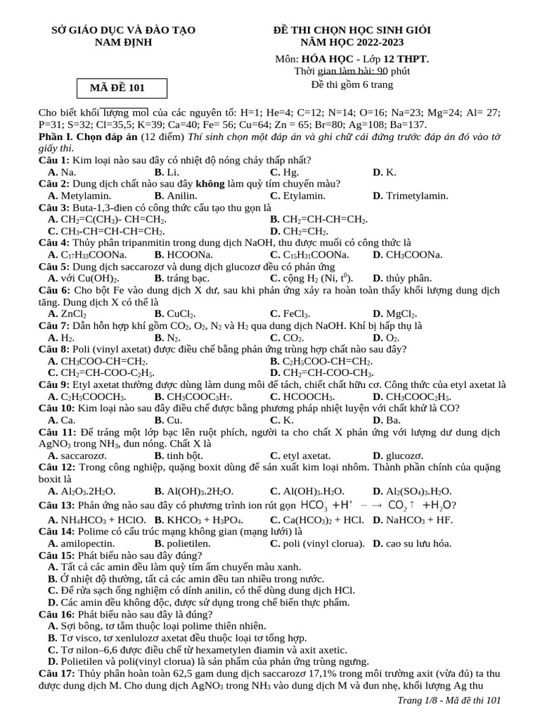 HSG 12 NAM ĐỊNH 2022-2023 | PDF