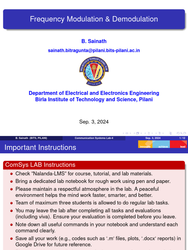 BITS - EEE ECE - ComSys2024 - Tue Batch - Lab4 - Tasks | PDF | Frequency Modulation | Modulation