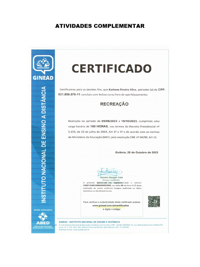 ATIVIDADES COMPLEMENTAR Katiussa | PDF