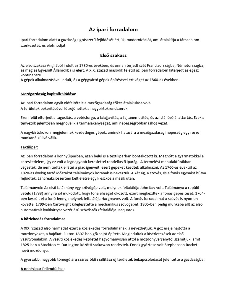 Az Ipari Forradalom - Polgárosodás | PDF