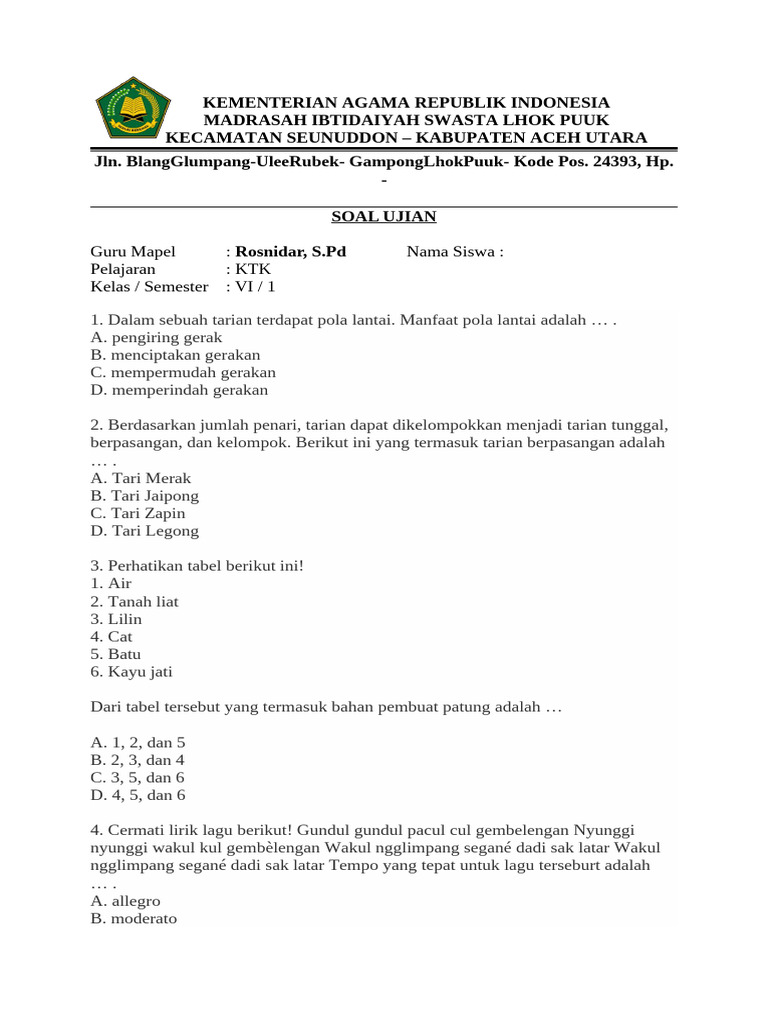 Soal Ujian KTK KLS 6 | PDF