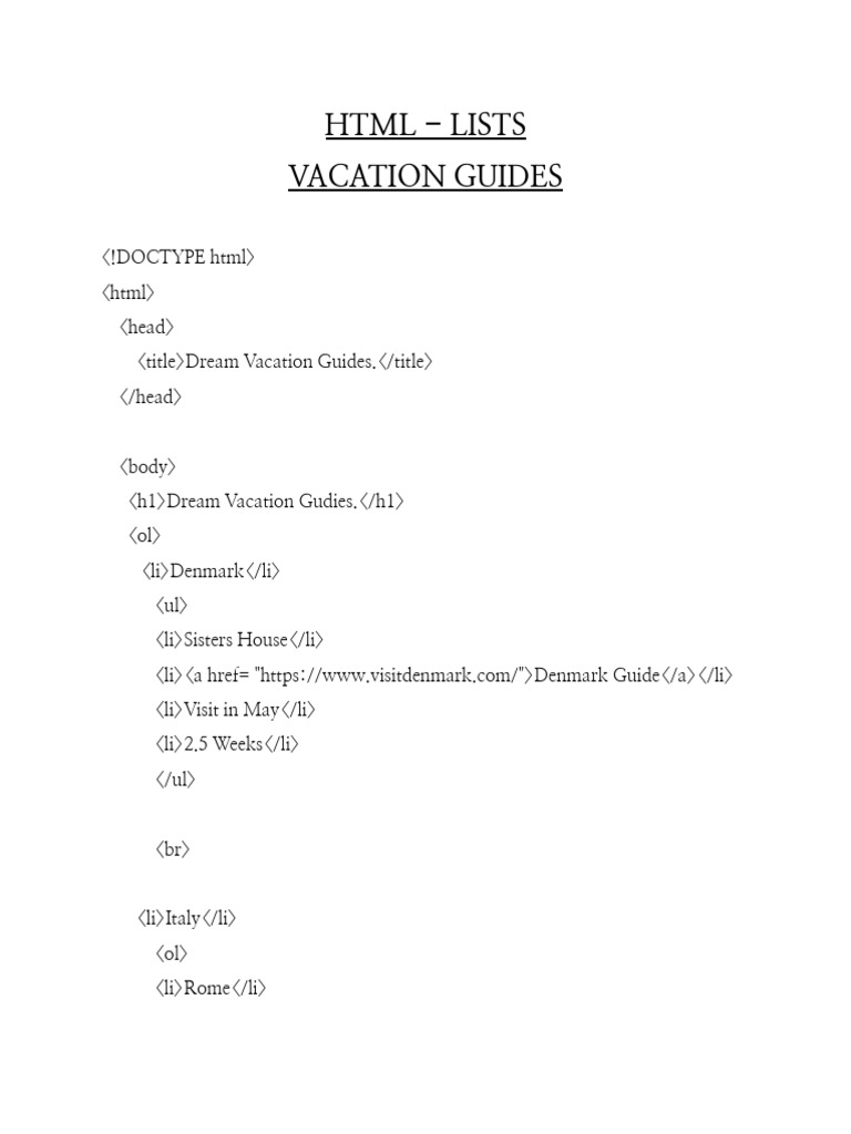 HTML - Lists, Vacation Gudies | PDF HTML - Lists, Vacation Gudies | PDF