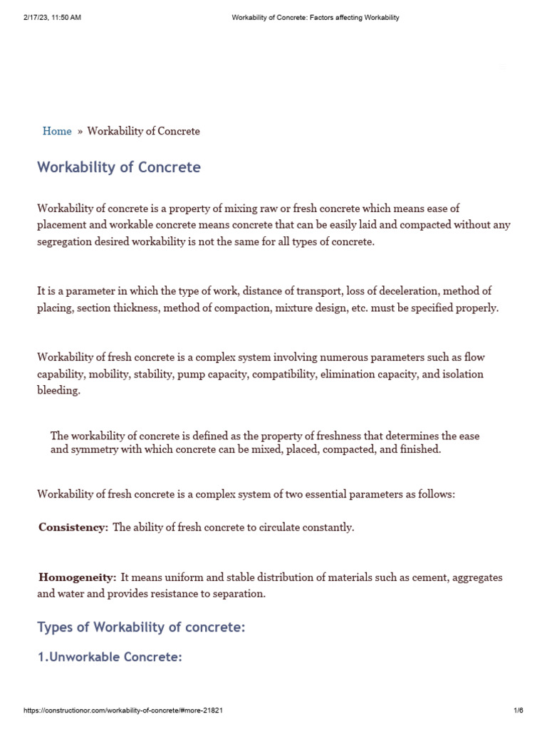 Workability of Concrete - Factors Affecting Workability | PDF ...