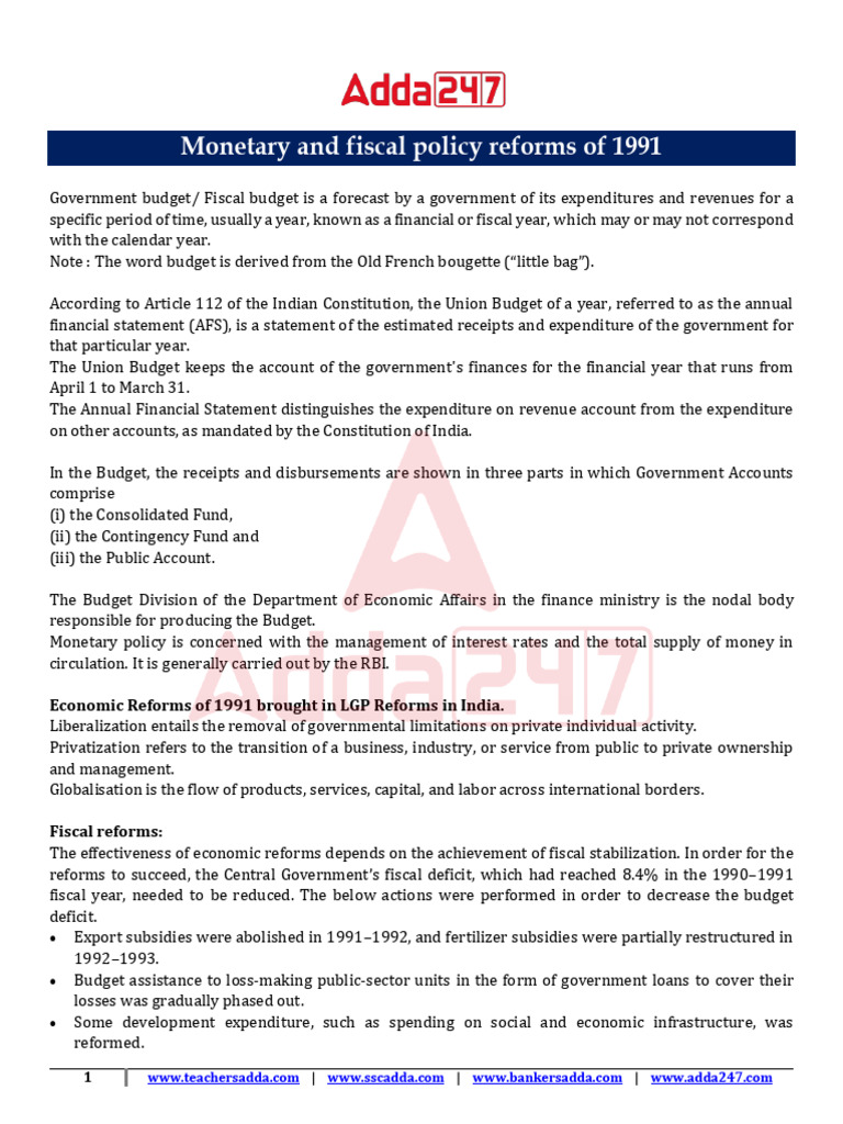 1991 Economic Policy Reforms in India | PDF | Government Budget Balance ...