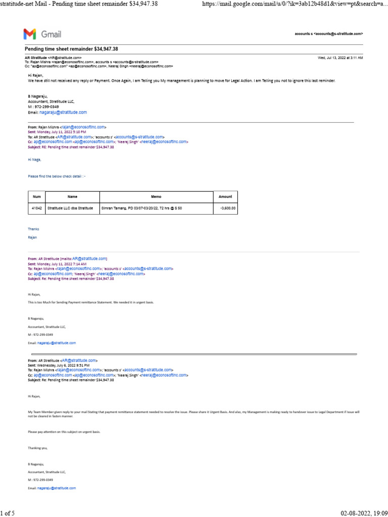 Stratitude-Net Mail - Econosoft-Pending Time Sheet Remainder $34,947 | PDF | Payments | Accounting