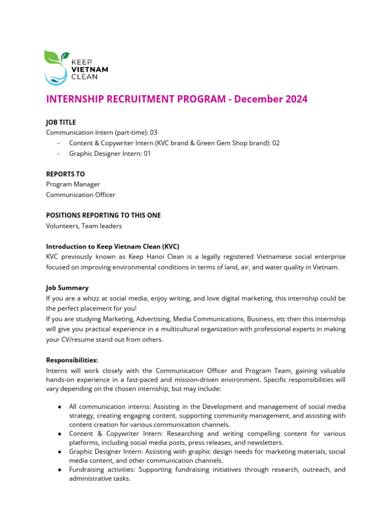 JD - KVC - Comm - Intern (DEC2024) | PDF | Internship | Job Hunting