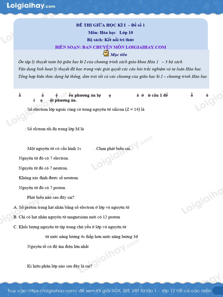 De Thi Giua Ki 1 Hoa 10 Ket Noi Tri Thuc de So 1 1729501303 | PDF