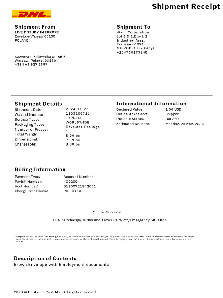 DHL Shipment Receipt PDF | PDF | Fee | Receipt