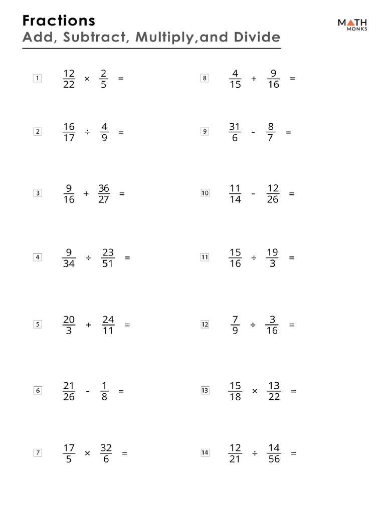 Multiplying Adding Subtracting and Dividing Fractions Worksheet | PDF