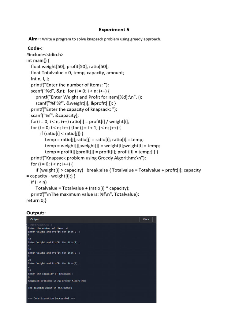 Experiment 5 Aim-: Code-:: Write A Program To Solve Knapsack Problem Using Greedy Approach | PDF