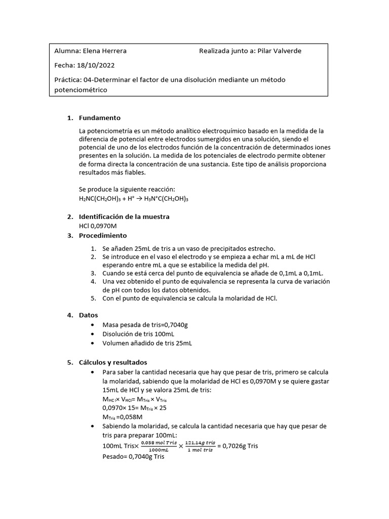 P04-Determinación Factor Mediante Potenciometria-Elena Herrera | PDF | Valoración | Química