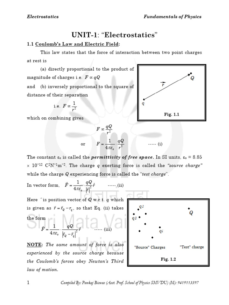 Physics Unit 1 | PDF | Divergence | Electric Field