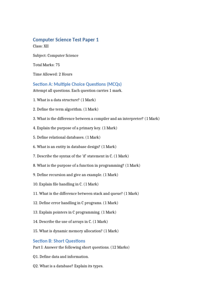 Full Test Paper 1 | PDF | Computer Program | Programming