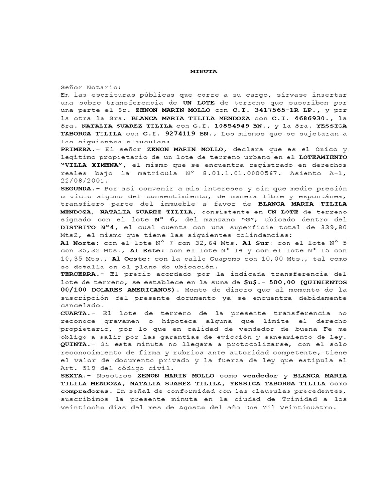 Transferencia de Lote en Villa Ximena | PDF