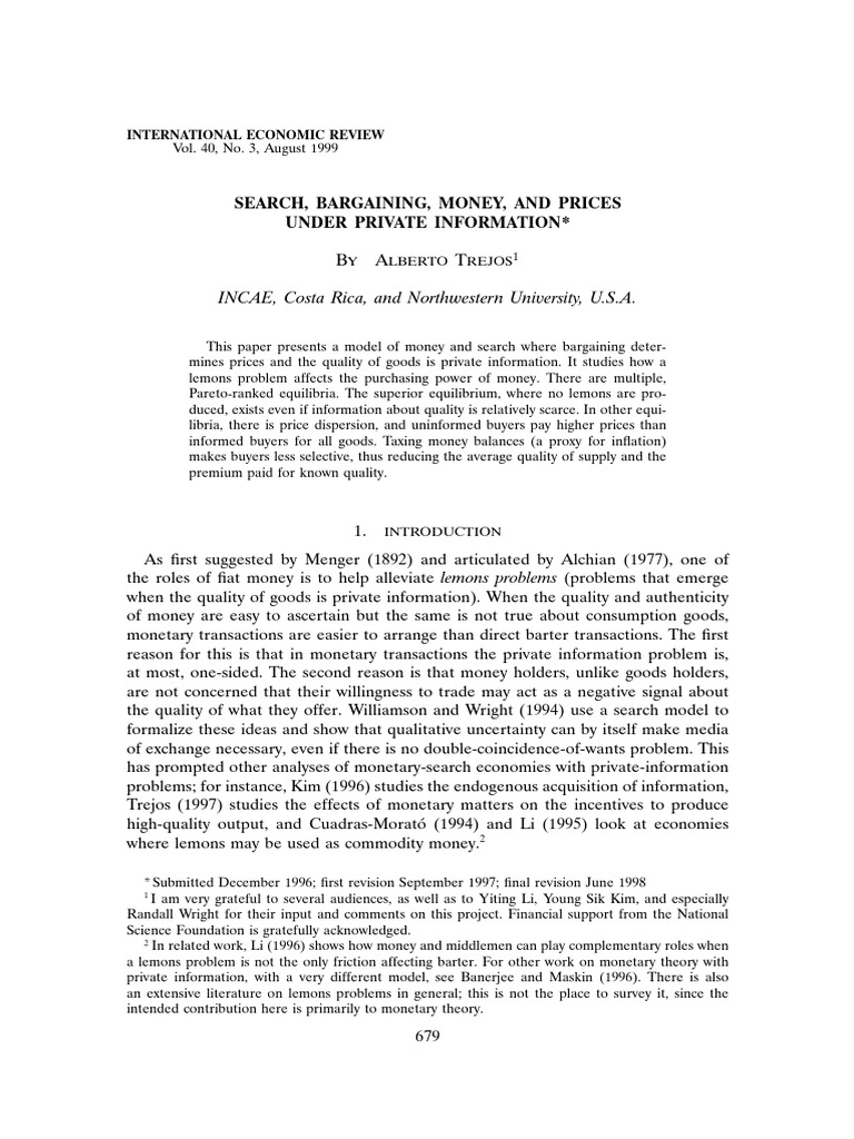 Search Bargaining Money and Prices Under Private Information | PDF ...
