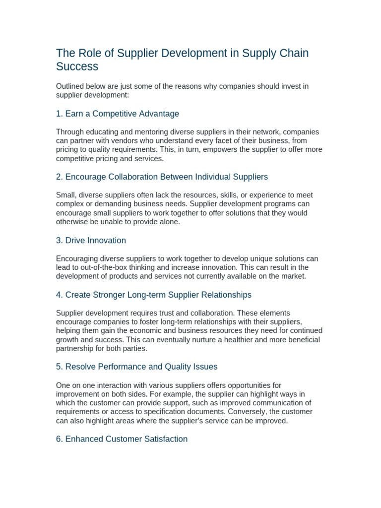 The Role of Supplier Development in Supply Chain Success | PDF