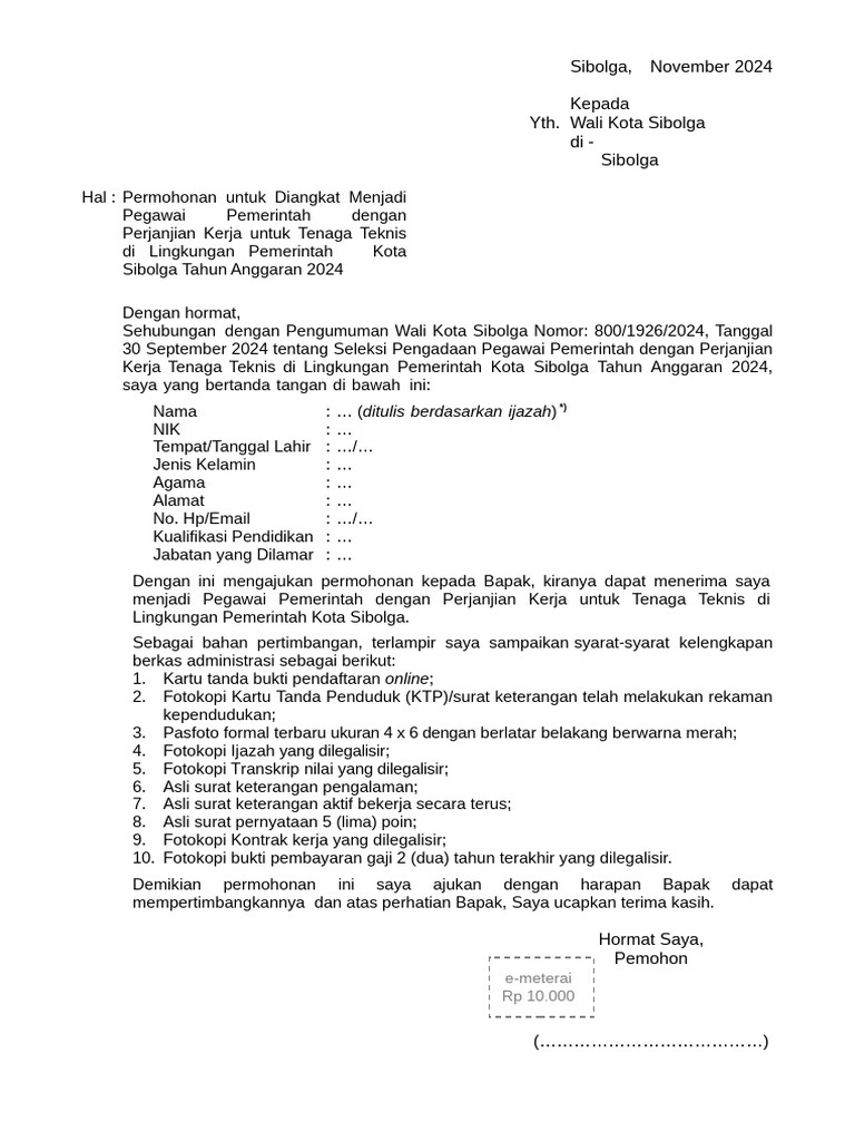 Format Surat Lamaran PPPK Tenaga Teknis 2024 | PDF