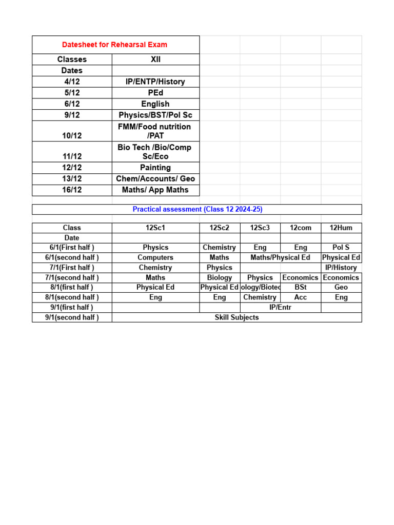Date Sheet of Rehearsal Exam Class XII | PDF