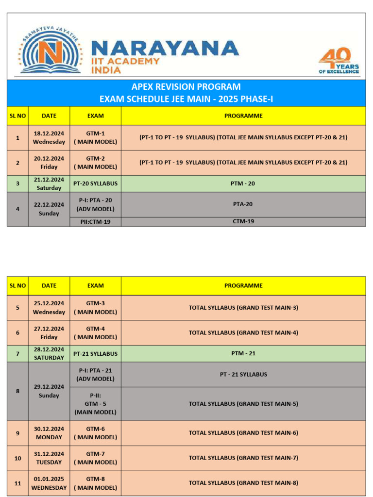 Jee-Mains-2025 - Phase-1 - Apex - Revision Program Exam Schedule - 2023 ...