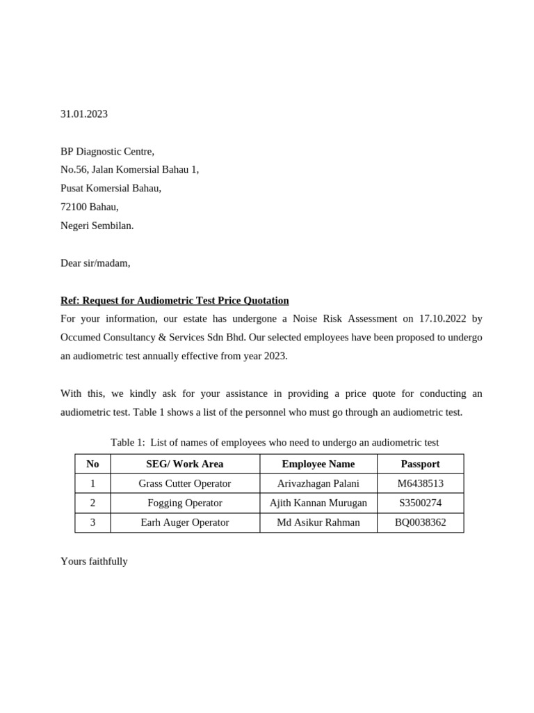Audiometric Test Quote Request | PDF