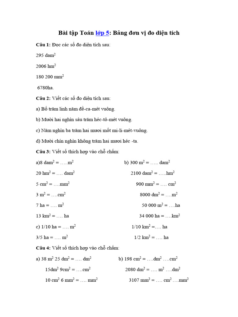 Bai Tap Bang Don VI Do Dien Tich Mon Toan Lop 5 5 | PDF