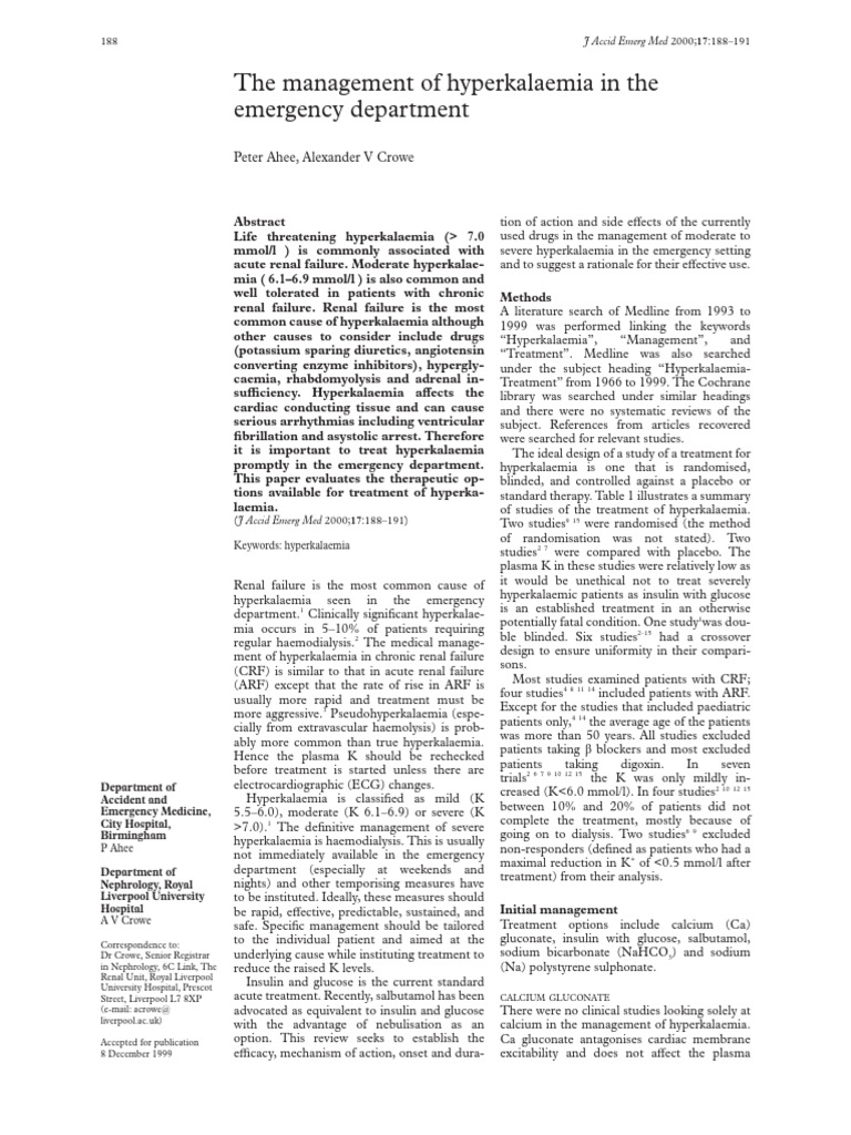 The Management of Hyperkalaemia in The Er 2000 | PDF | Hypoglycemia ...