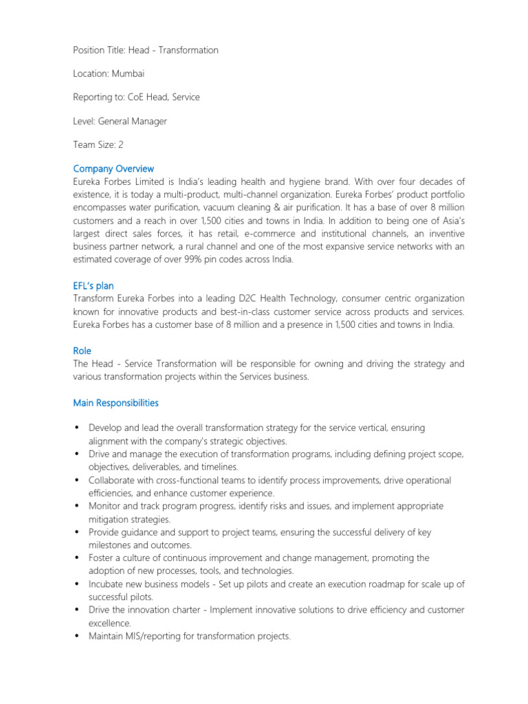 JD - Head - Service Transformation | PDF | Change Management | Economies