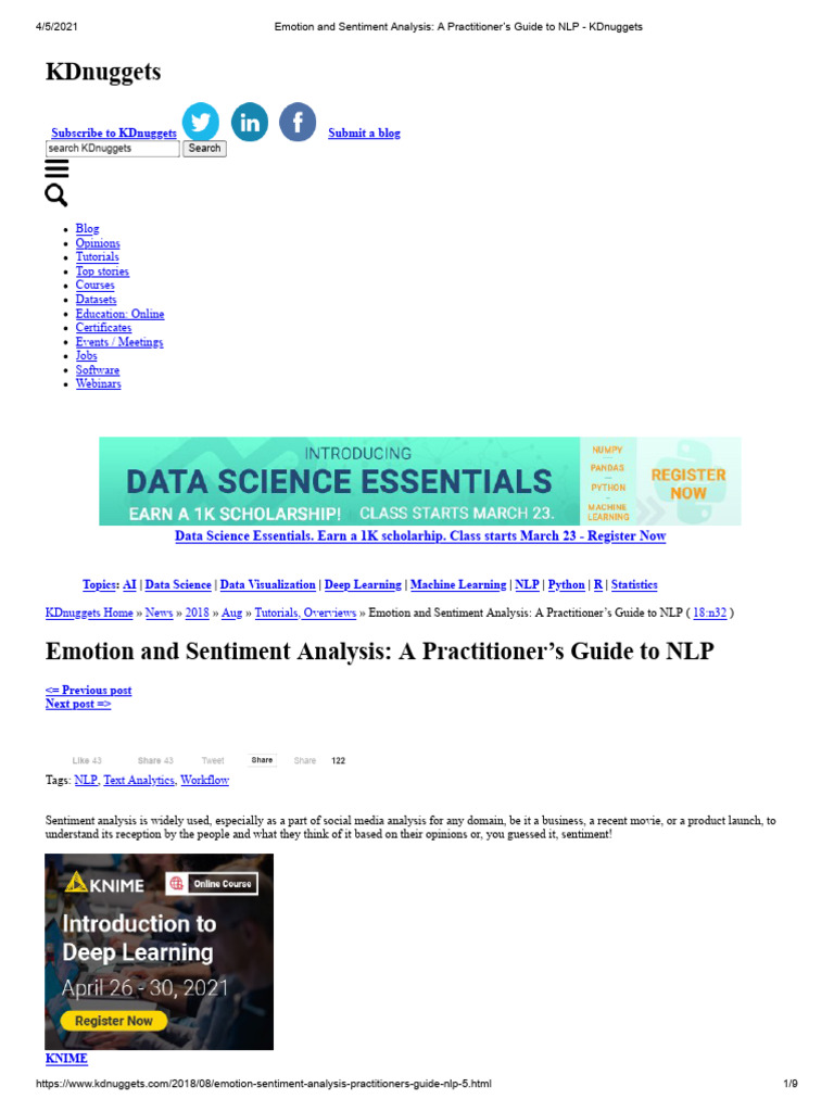 Emotion and Sentiment Analysis - A Practitioner's Guide To NLP - KDnuggets | PDF | Cognitive ...